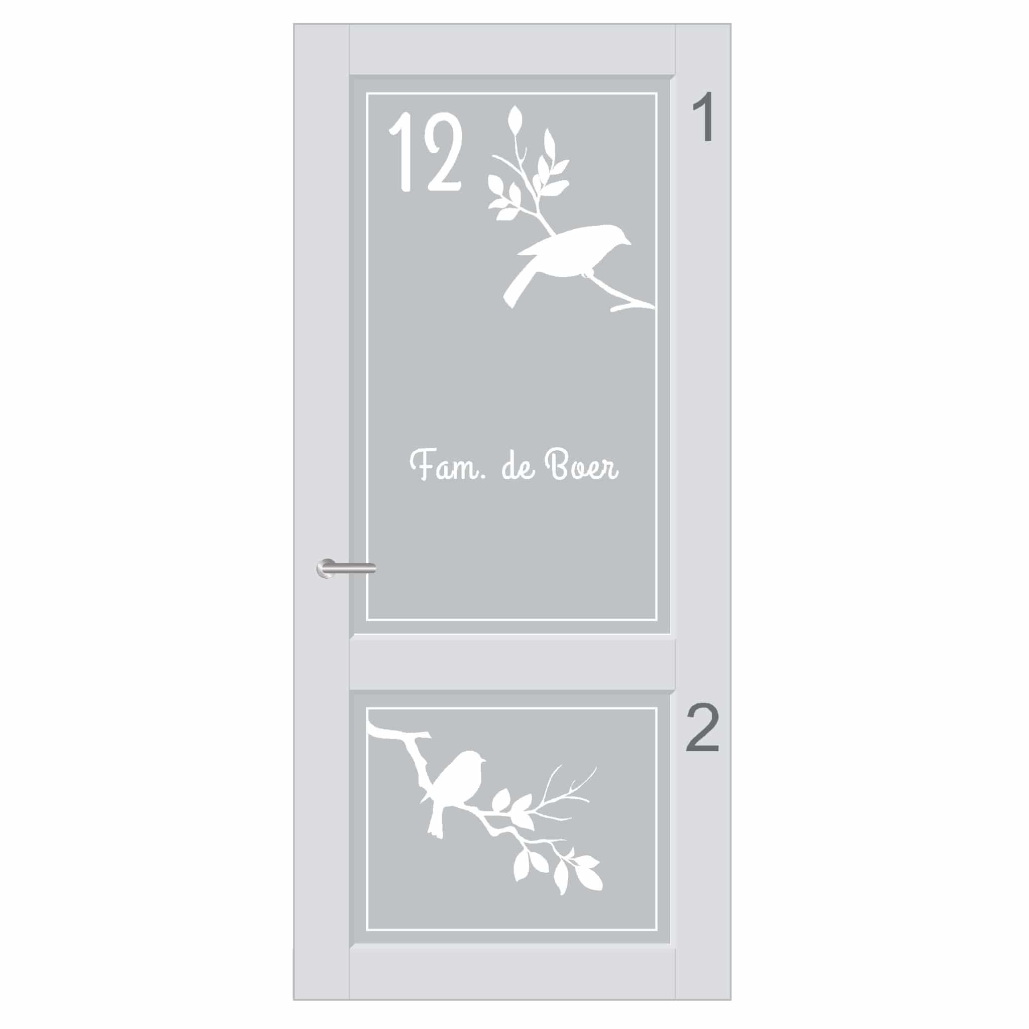 Raamfolie met naam en op maat, vogels en huisnummer 4B - Kei-Gaaf