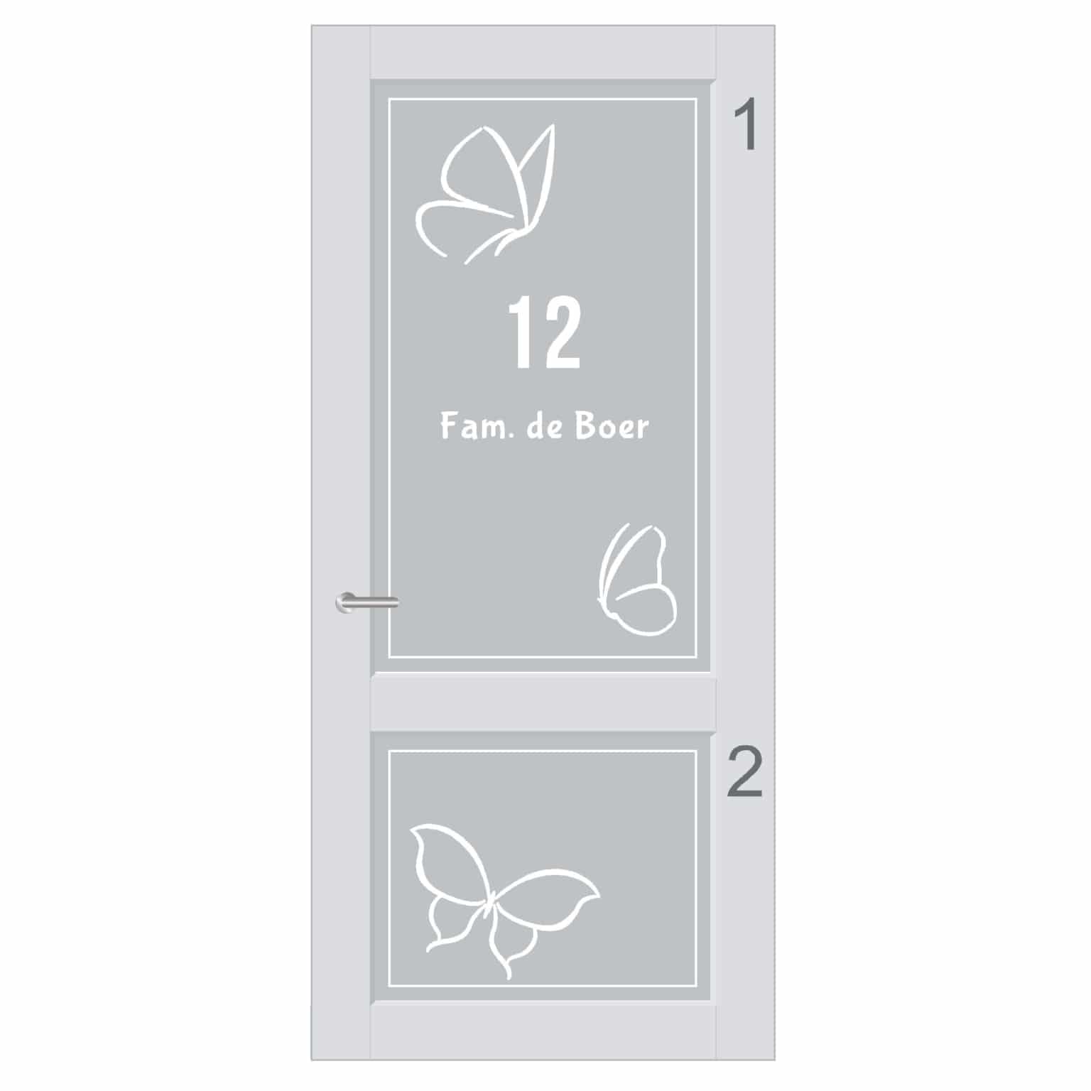 Raamfolie op maat met naam, huisnummer en vlinders 8B - Kei-Gaaf